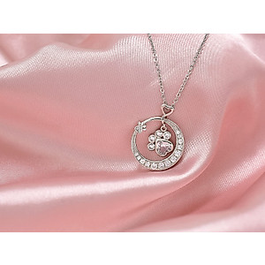 Paw Print Necklace for Women Girls - Sterling Silver Puppy Dog Cat Pet Paw Print Circle Pendant Necklace Cubic Zirconia Dainty Cute Adjustable Charm Necklace Birthday Gifts for Women Teens,15.7"+3.9"