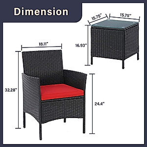 SOLAURA 3-Piece Patio Bistro Set Black Wicker Outdoor Furniture Patio Chairs with Glass-top Coffee Table (Red Cushion)