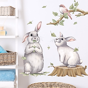 NOA 2 Cute Rabbit Wall Stickers with Bird On The Branches Decals, Removable Cartoon Animal Bunny 3D Vinyl Wallpaper Decor, DIY Art Mural for Nursery Baby Bedroom Living Room