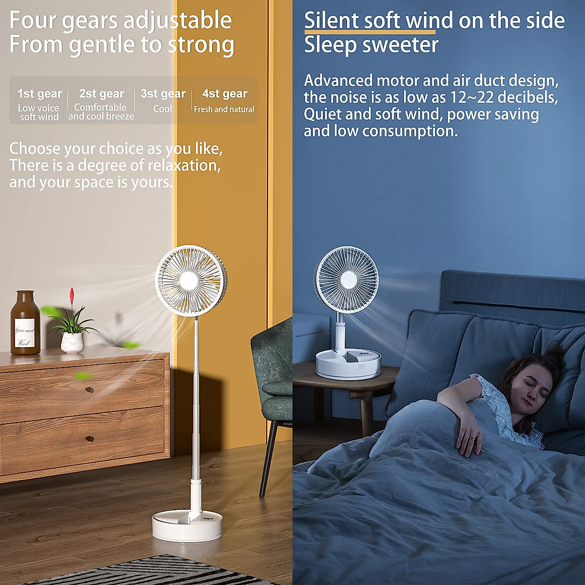 Greheywos 8 inch cordless folding fan / table fan, 75-Degree Automatic oscillating, Adjustable in height and angle, 4 kinds of wind speed adjustment, 7200mAh battery, With remote control and timing function, ultra-quiet, Cordless Pedestal Fans for home, c