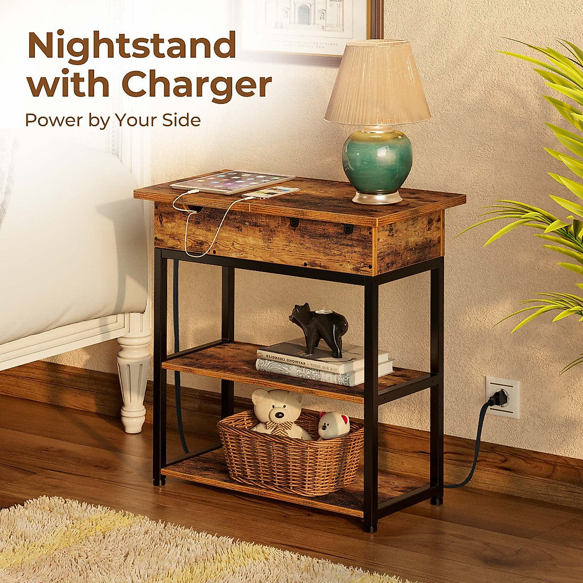 Rolanstar End Table with Charging Station, Narrow Nightstand, Flip Top Side Table with USB Ports and Storage Shelves for Small Spaces, Living Room, Bedroom, Black