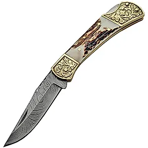 SZCO Supplies DM-1163 Damascus Steel Fancy Folding Knife with Stag Handle Damascus Steel Knife