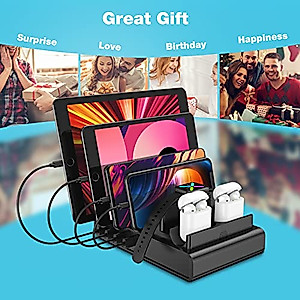 OTESS Charging Station for Multiple Devices, 7 Port 50W Fast Charging Station for Apple iPhone iPad Cell Phone Tablets and Other Electronics (6 Cables Included)