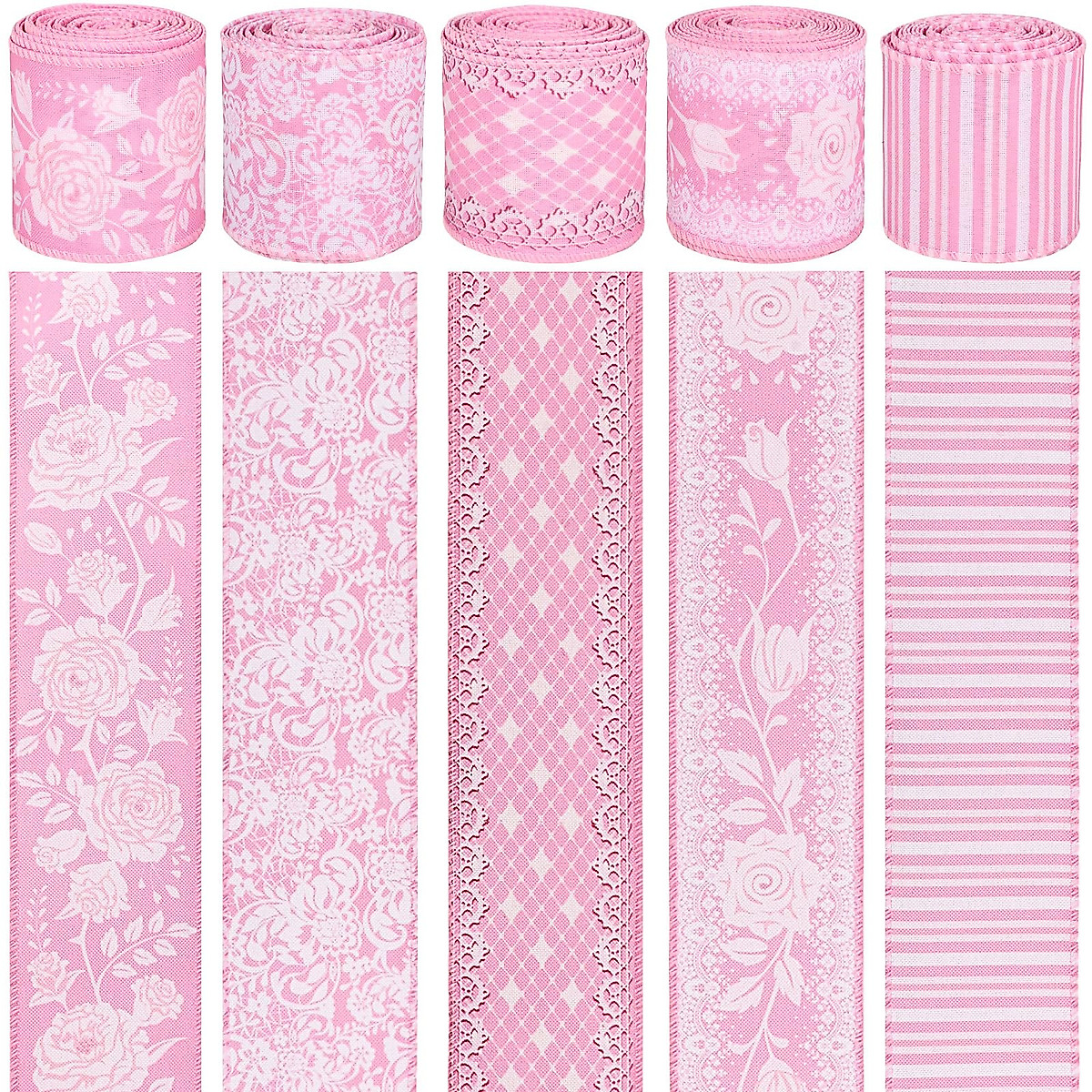 5 Rolls 30 Yards Floral Wired Edge Ribbon 2.5'' Pink Rose Flowers Printed Decorative Ribbon for Gift Wrapping Hair Bow Wreath Making for Wedding Valentine's Day Crafts Supplies