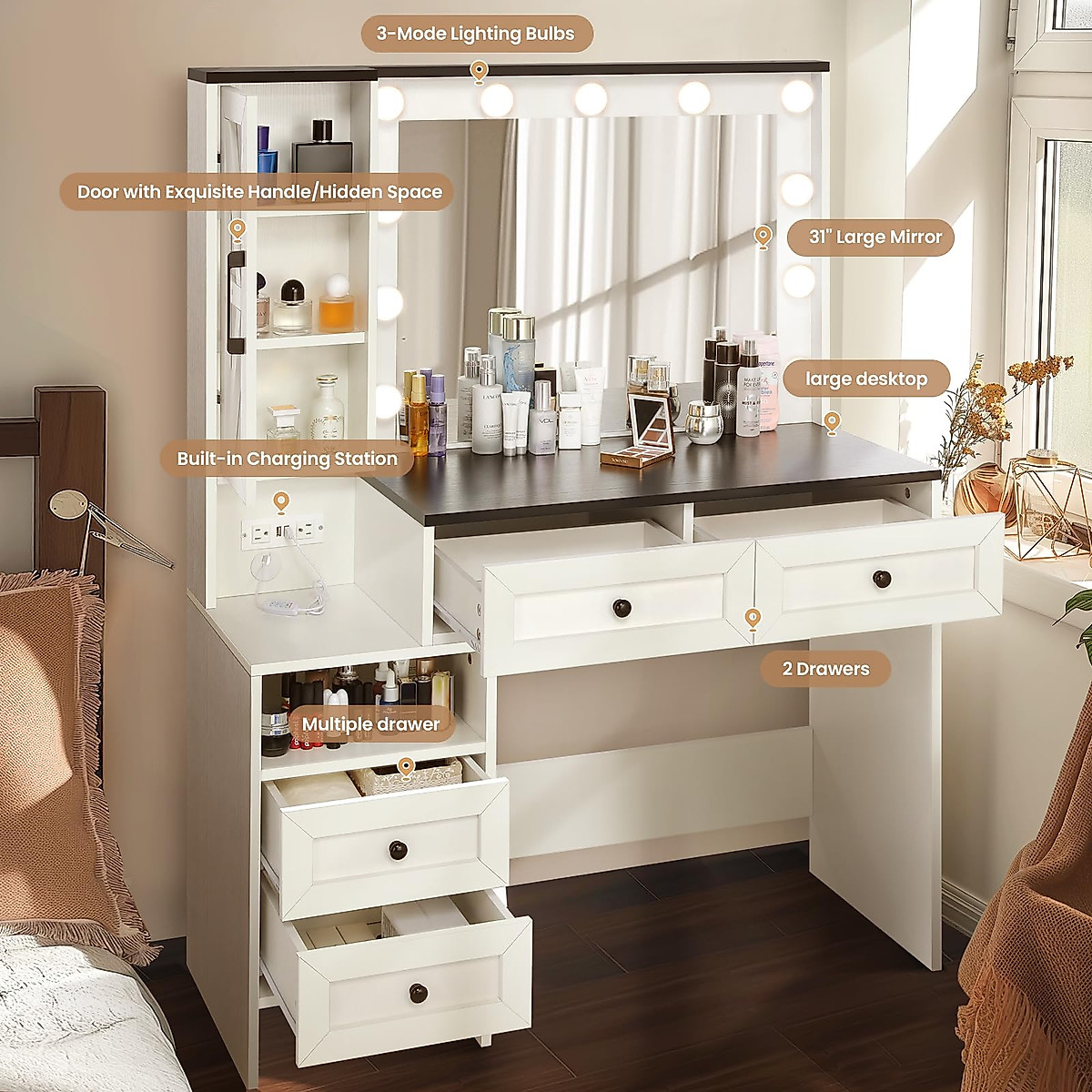 elifine Vanity with Lighted Mirror - Farmhouse Makeup Vanity Desk with 4 Drawers, 1 Cabinet and Power Outlet, 3 Color Lighting Modes Adjustable Brightness