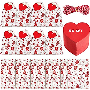 50 Pack Valentines Day Gift Bags Burlap Cotton Gift Bags 5'' x 7'' Heart Drawstring Gift Bags with Red Gift Tags Valentine Heart Shaped Paper Tags and 15m String for Wedding Party Christmas New Year
