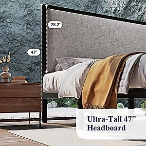 Allewie Full Size Bed Frame with 47'' Tall Upholstered Headboard, High Metal Bed Frame with 12'' Under-Bed Storage Space/Wood Slats Support/Easy Assembly/No Box Spring Need/Noise-Free/Grey