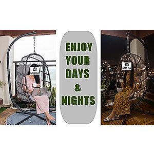 MOJIA Egg Chair with Stand and Oxford Cover, 450lbs Capacity Patio Wicker Hanging Swing Chair Indoor Outdoor with UV Resistant Cushion and Foldable Seat Basket