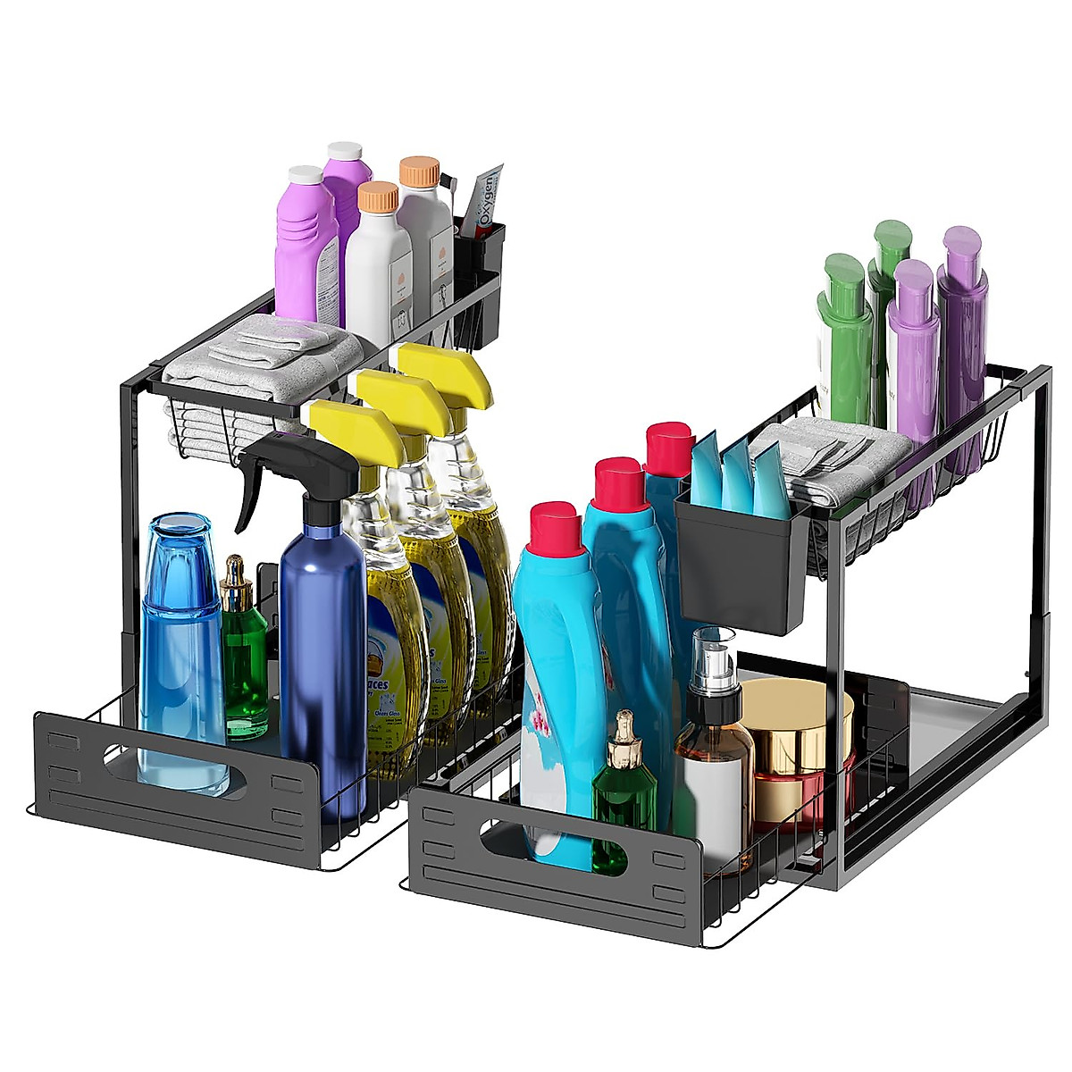 untovei 2 Pack Under Sink Organizer, Metal Pull Out Under the Sink Organizer Bathroom,2 Tier under kitchen sink organizers and storage with hanging cups,Under Sink Mat for Bathroom/kitchen/cabinet