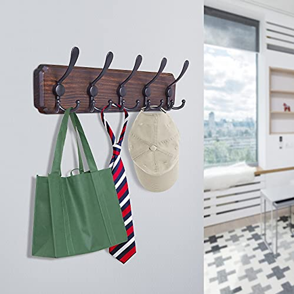 Coat Rack Wall Mount - 5 Double Metal Coat Rack Hooks Set of 2, Wall Mounted Coat Rack Heavy Duty Set 2, Rustic Wooden, Coat Hat Key for Entryway, Closet Room, Bathroom, Bedroom (Brown)