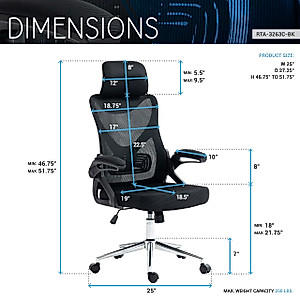 Techni Mobili Essential Ergonomic Office Chair with Lumbar Support & Adjustable Headrest – Breathable Mesh Office Chair with Flip-Up Armrests, Durable Chrome Base - Black