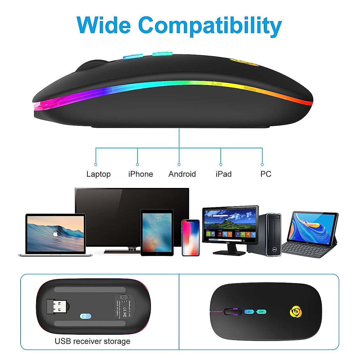 CC Store LED Wireless Bluetooth Mouse &2.4GHz Instant Connection,Rechargeable Ultra Silent Slim,3 Adjustable DPI 2 Connection Modes with USB-C to USB Adapter for Laptop/MacBook/PC/Tablet/iPad (Black)