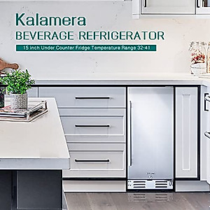Kalamera Beverage Refrigerator, 15 inch Under Counter Beer Fridge for 104 Cans w/ 32-41℉ Temperature Range, Drink Fridge with Stainless Steel Door