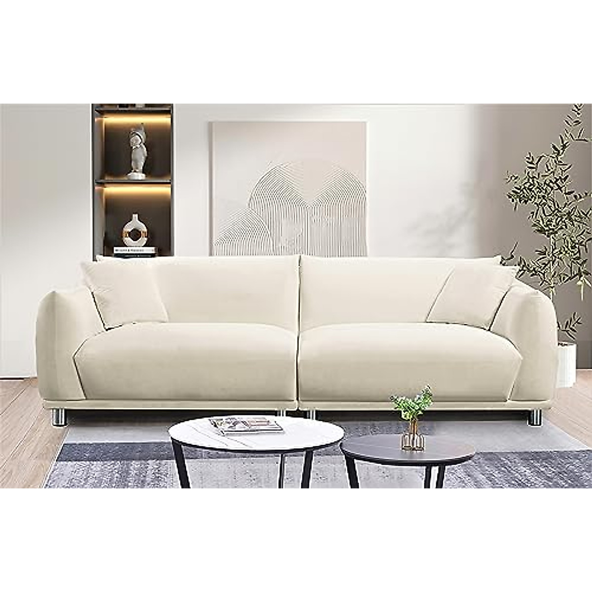Container Furniture Direct Stylish and Luxurious Velvet Sofa with Modern Corner Design, Living Room Furniture with Minimalist Vibes, Two Accent Pillows Included, Cream White