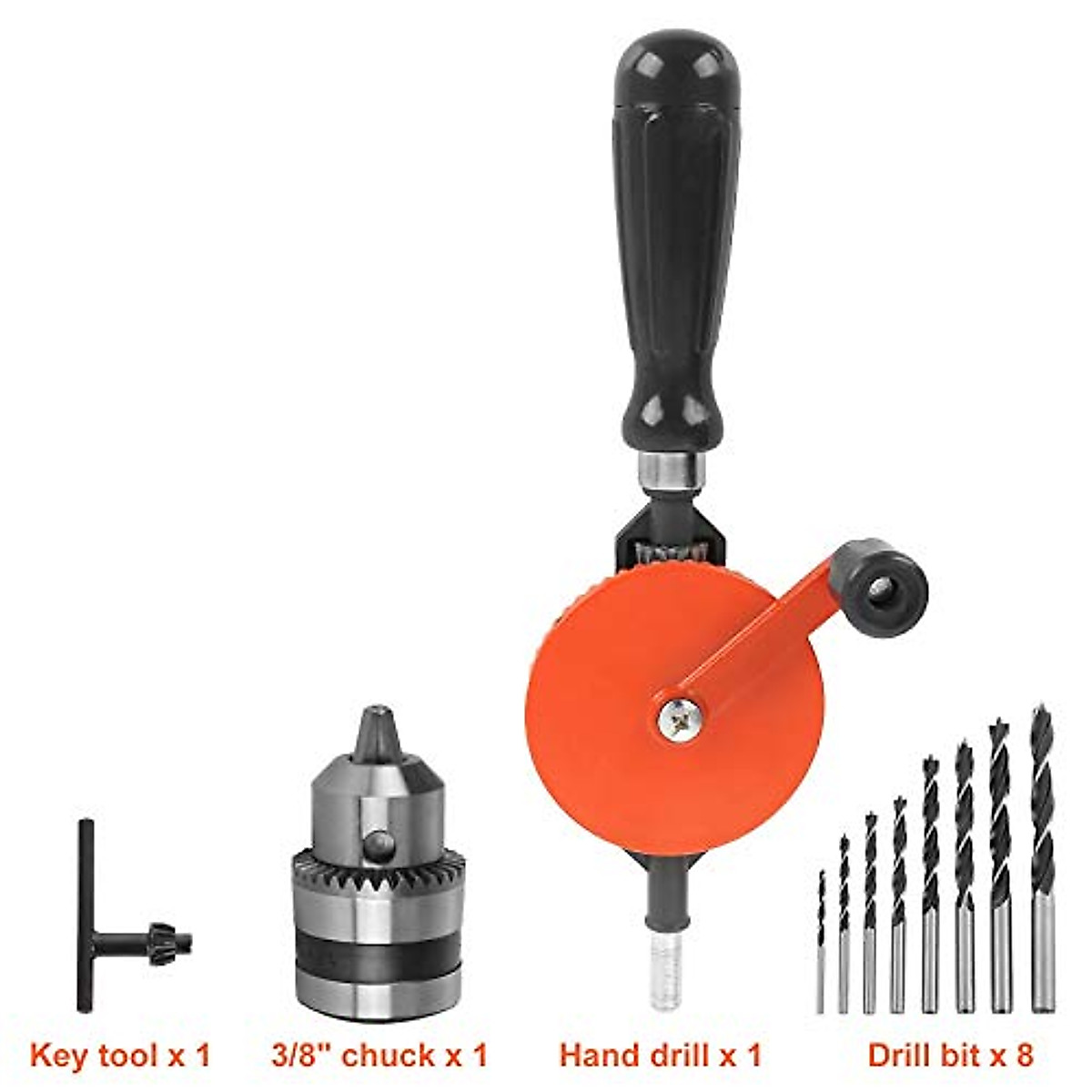 3/8 inch Hand Drill Manual Hand Crank Drill with 8Pcs Drill Bit Set, Safe Double Pinions DesignHand Drill for Wood Plastic and Metal