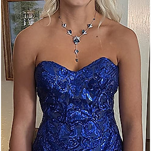 Faship Gorgeous Dark Blue Crystal Floral Necklace Earrings Set - Navy Blue