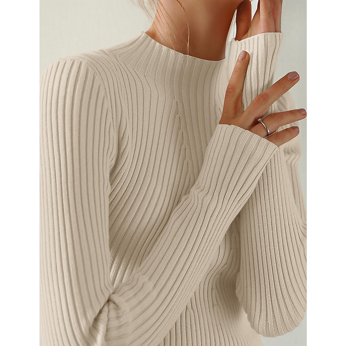 ZESICA Women's Fall Long Sleeve Turtleneck T Shirt Ribbed Knit Sweater Slim Fit Basic Casual Tee Tops,Almond,Medium