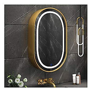 ZTGL Oval LED Lighted Mirror Cabinet, Wall-Mounted Bathroom Medicine Cabinet, Touch Button, Slow Close Hinge, 19.7x31.5 in,Gold,Lights Defogging