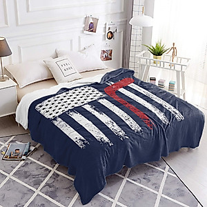 Throw Blanket- Winter Ice Hockey USA Flag Soft Warm Plush Fleece Bed Throw,50x60In Flannel Blankets American Stars Stripes Bedding Throws for Women/Men Bedroom Living Room Office Decor Navy Blue