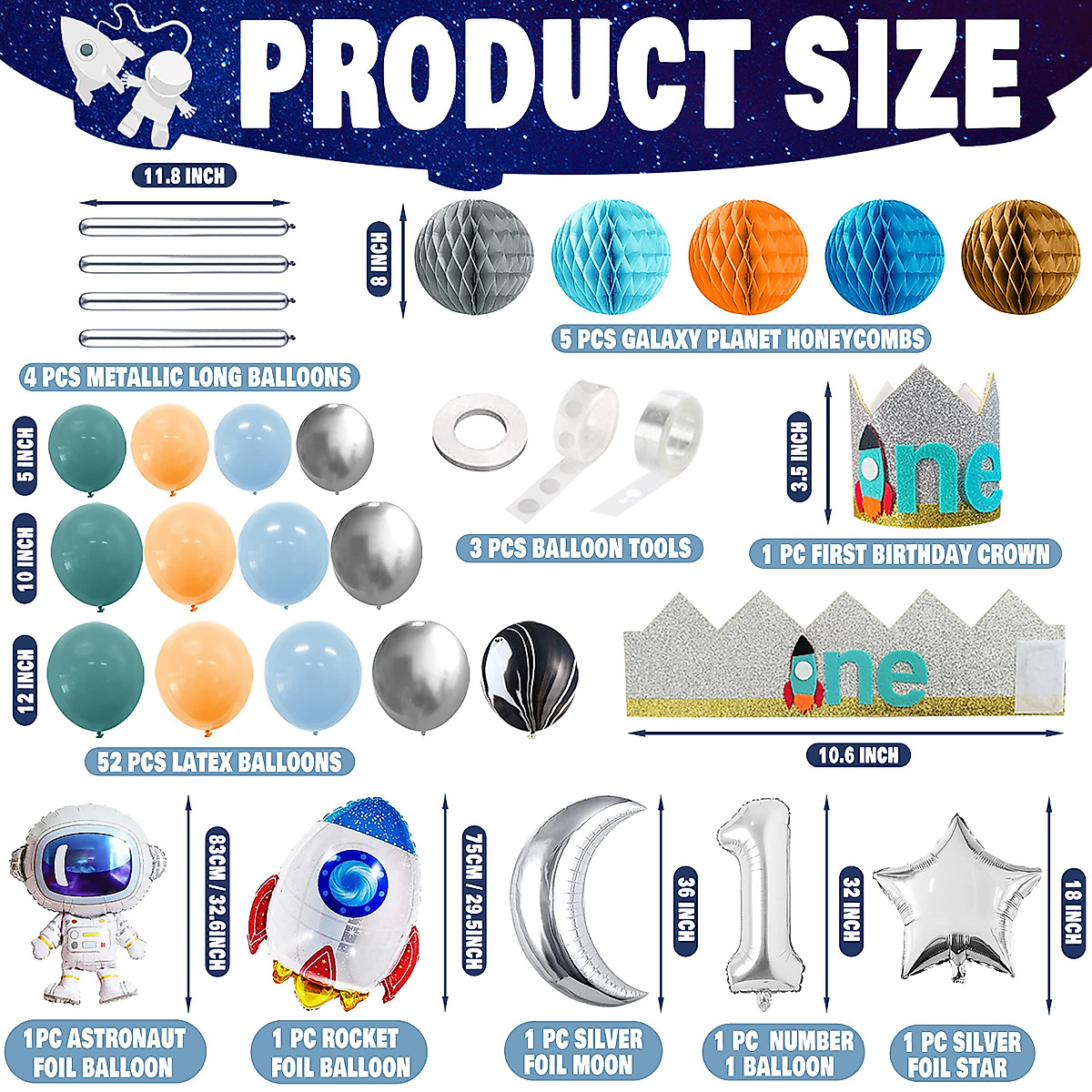 First Trip Around The Sun Birthday Party Decoration Pack, 1st Baby Shower Space Birthday Party Supplies Including Banner, Backdrop, Garland, Tablecloth, Felt Hat, Honeycomb, Cake Toppers, Latex and