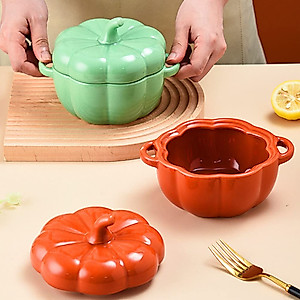 Zerodeko Ceramic Pumpkin Bowl with Lid, 420ml Halloween Bowl with Handle, Soup Bowl Candy Cookie Jar Stewing Bowl Salad Dish Pumpkin Decoration for Halloween Thanksgiving (Orange)