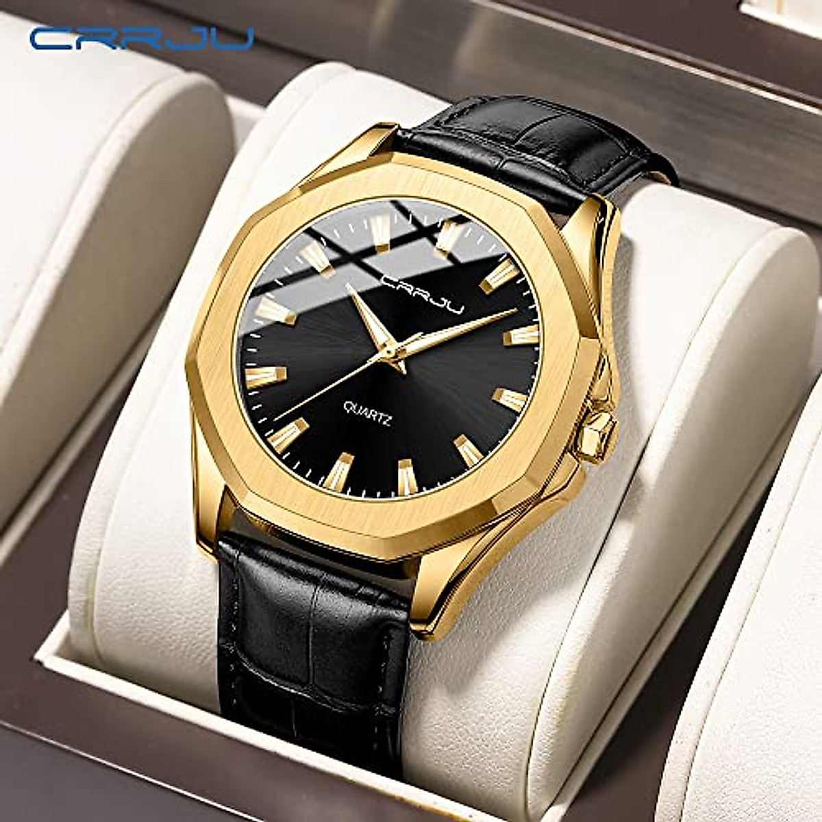 CRRJU Men's Fashion Luxury Classical Golden Watches for Men Business Simple Luminous Analog Quartz Leather Wristwatches
