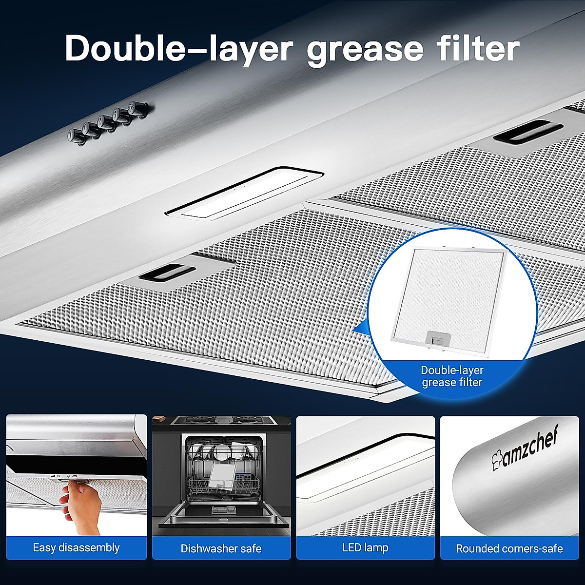 AMZCHEF Under Cabinet Range Hood 30 Inch, 250CFM Stainless Steel Kitchen Stove Vent Hood 3 Speed Exhaust Fan Button Control LED lights Dishwasher-Safe Aluminum Filters with Charcoal Filter