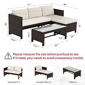 Shintenchi Outdoor Patio Furniture Sets, Wicker Patio sectional Sets 3-Piece, All Weather Wicker Rattan Patio Seating Sofas with Glass Coffee Table and Cushion (Beige)