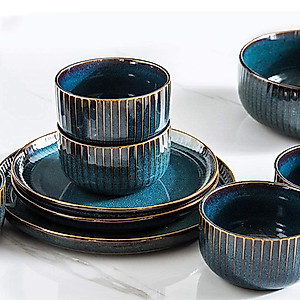GagalU 15-Piece Stoneware Dinnerware Set, Blue Porcelain Dinnerware Sets, Ceramic Plates and Bowls Dinner Sets, Modern Creativity Reactive Glaze Stoneware Dishes Set