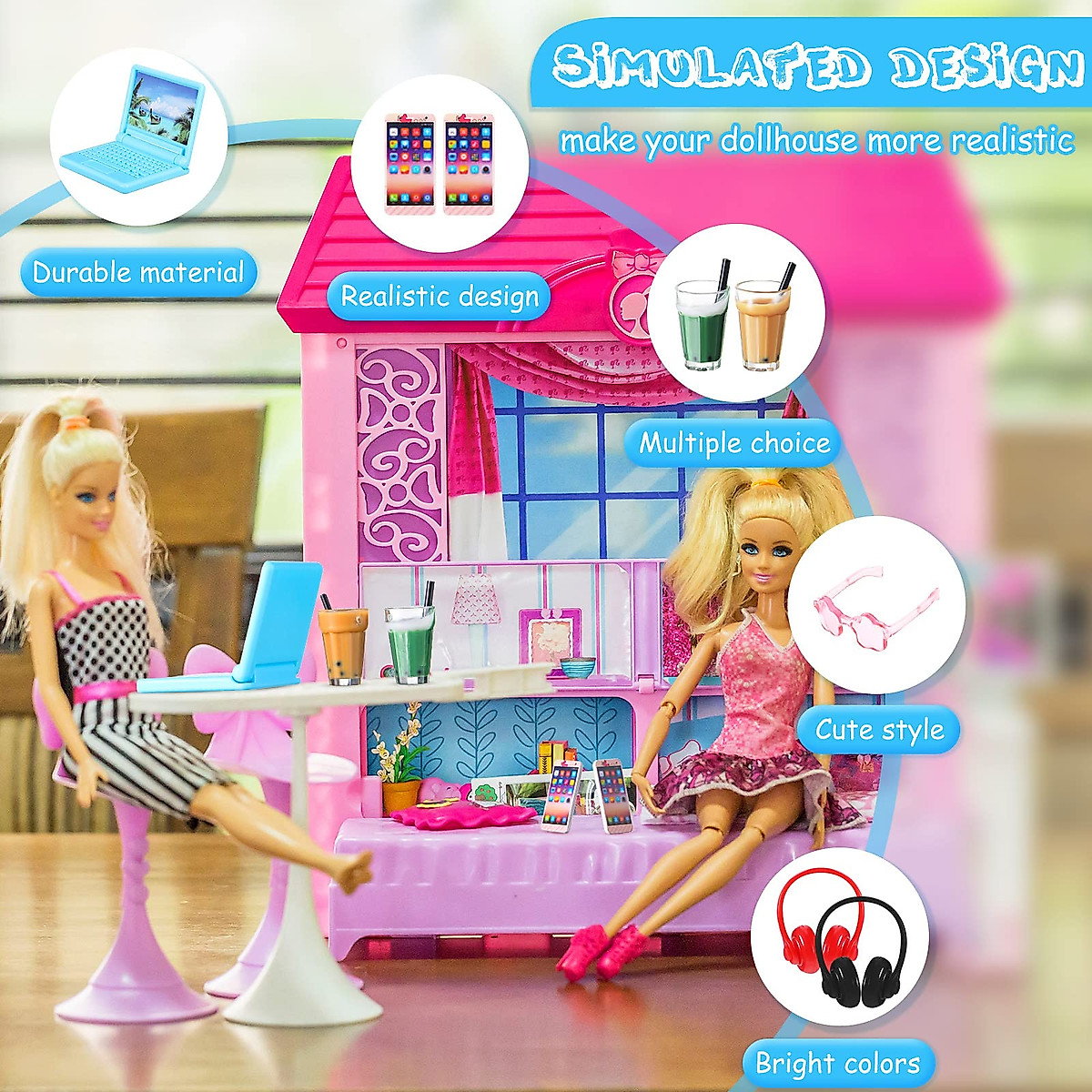 20 Pieces Dollhouse Accessories Doll Travel Accessories Mini Laptop Computer Phone Toy Miniature Glasses Headset Drink Toys Plastic Doll Accessories for Dolls (Classic Style)