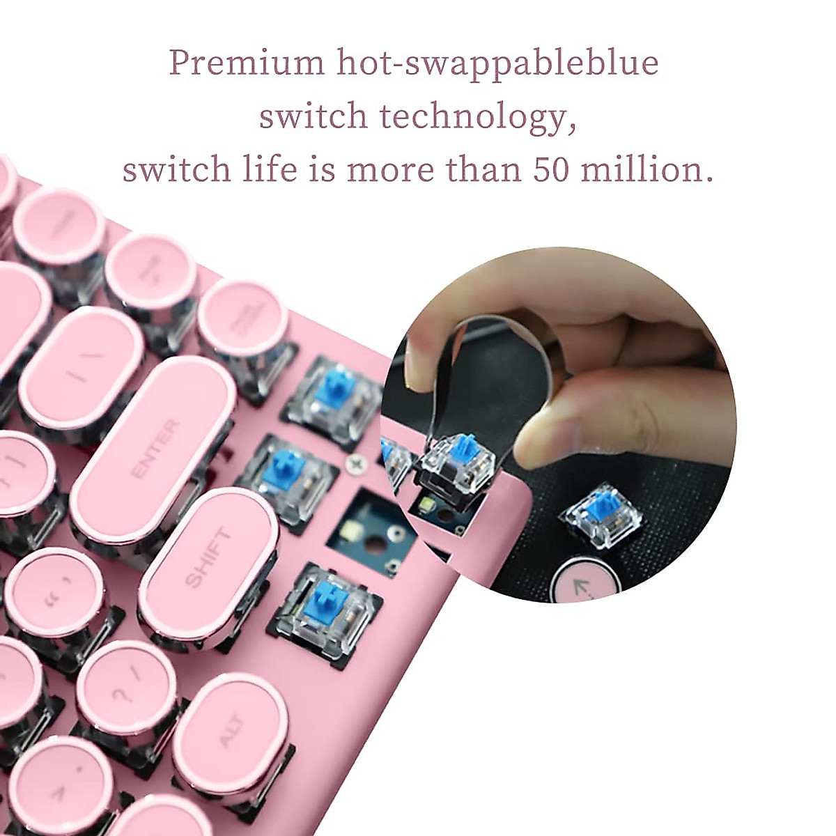 Adventurers Typewriter Keyboard,Bluetooth Wireless Keyboard with 83 Keys Hot Swappable Blue Switch/Round Keycaps/White Backlit/Compact 75% Layout Wired Keyboard for Windows/Mac/PC/Laptop/ipad,Pink