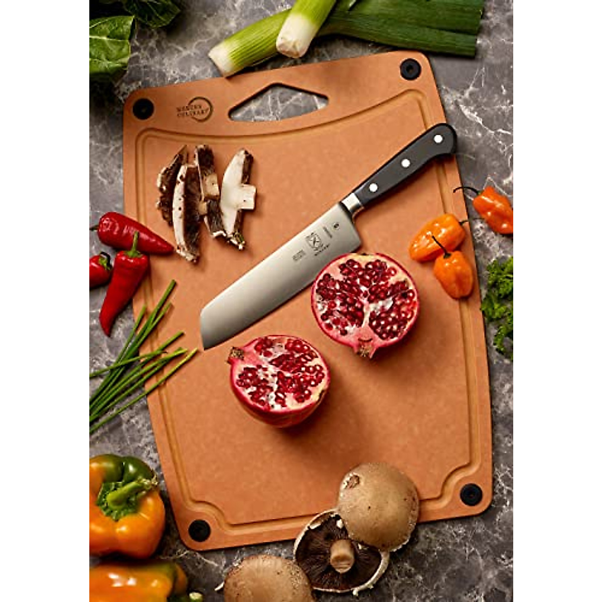 Mercer Culinary Composite Cutting Board-17.25" X 11.75",W/SIL Feet/Channel, Small, Tan