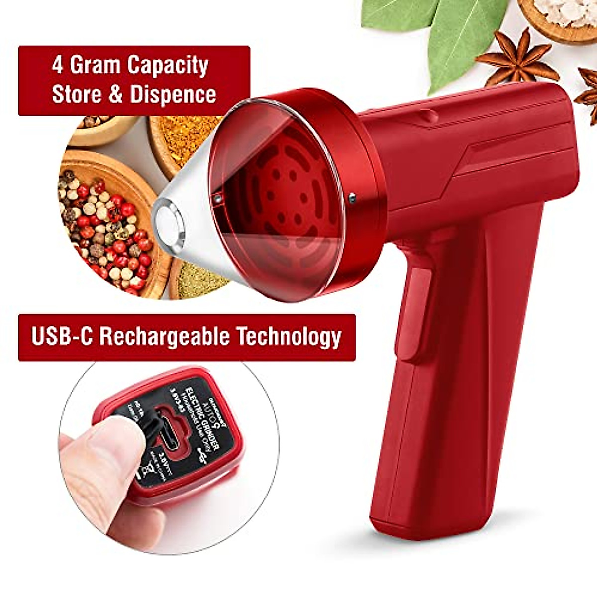 Auto9 2.5" Large Electric Grinder: Auto Spice Grinder with Auto Dispensing, Portable 4g Capacity with Two-Direction Rocker Switch Block Free(Black & Red)