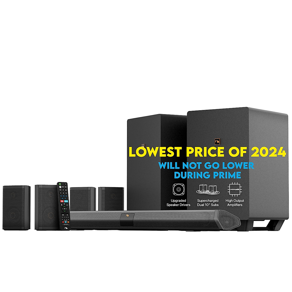 Nakamichi Shockwafe Ultra 9.2.4 Channel Dolby Atmos/DTS:X Soundbar with Dual 10" Subwoofers (Wireless), 4 Rear Surround Effects Speakers, eARC and SSE Max Technology (Flagship)