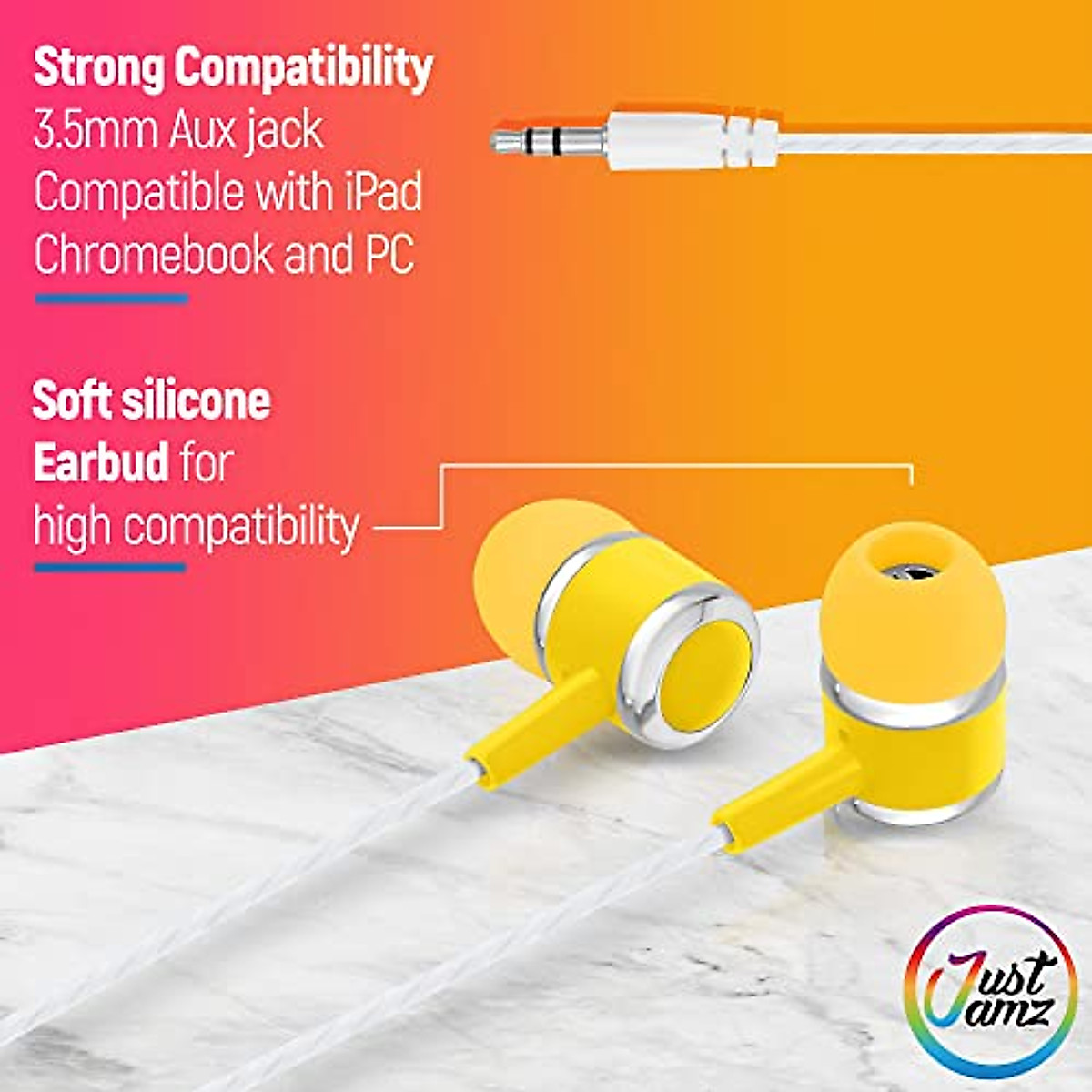 JustJamz Earbuds for School - Wired Earbuds for Kids - Wired Earphones - Noise Cancelling Earbuds for Kids - Wired Ear Buds - Earbuds for Kids for School - Pack of 100 Marble - Ear Buds Wired