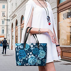 Womens Handbag Flowers Blue Leather Tote Bag Top Handle Satchel Bags For Lady
