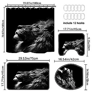 4 Piece Lion Shower Curtains Sets with Non-Slip Rugs, Toilet Lid Cover and Bath Mat, King Leo Bathroom Sets with Shower Curtain and Black Rugs and Accessories