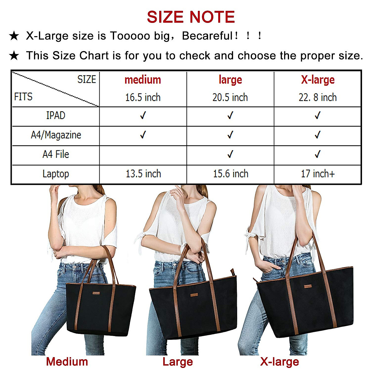 CHICECO Basic Large Travel Tote Shoulder Bag for Women - Black + Brown/20.5 Length