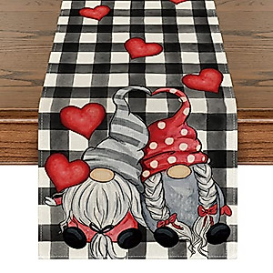 Artoid Mode Watercolor Buffalo Plaid Hearts Gnomes Love Valentine's Day Table Runner, Seasonal Anniversary Wedding Holiday Kitchen Dining Table Decoration for Indoor Outdoor Home Decor 13 x 72 Inch