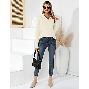 Romanstii Women's Knitted Polo Sweaters Long Sleeve V Neck Collared Shirts Winter Pullover Tops,Beige,L
