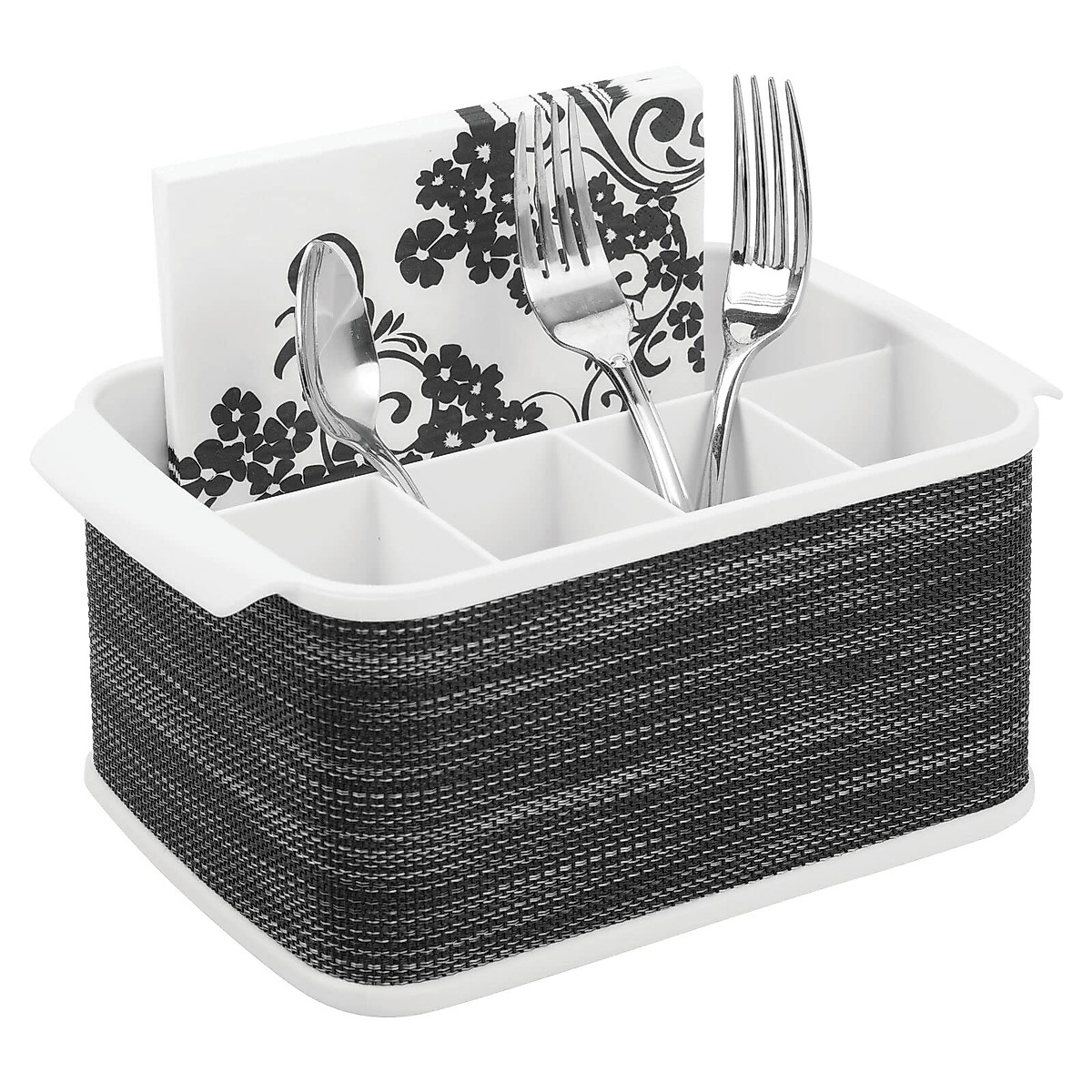 mDesign Plastic Cutlery Storage Organizer Caddy Tote Bin with Handles for Kitchen Cabinet or Pantry - Holds Forks, Knives, Spoons, Napkins - Indoor or Outdoor Use, Woven Accent - White/Graphite Gray