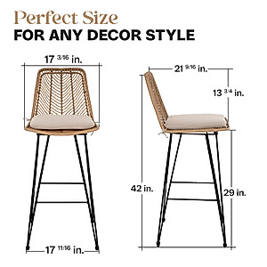 Idzo 400lbs Capacity Rattan Bar Stools Set of 2 Upgraded, 42-Inch Height Outdoor Bar Stools with Comfort Cushion, Solid Steel Frame & Durable Power Coating, Easy Assembly