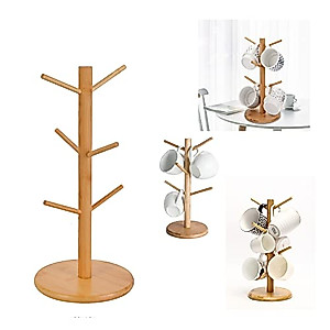 Bamboo Mug Holder Tree，Coffee Cup Holder，Countertop Mug Tree with 6 Hooks，Mug Rack for Counter Stand Coffee Counter Bar Accessory