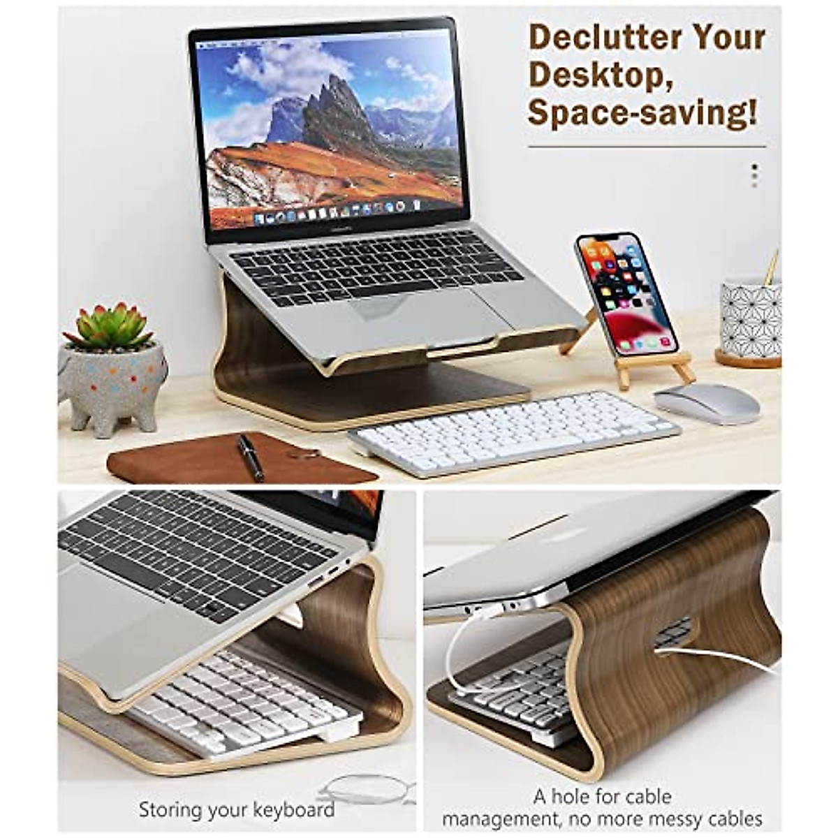 MoKo Wood Laptop Stand, Wooden Laptop Stand for Desk, Ergonomic Computer Cooling Holder, Natural Wooden Texture Desktop Notebook Stand Fits MacBook/iPad/Surface/Dell/Chromebook Laptops 11-17", Walnut