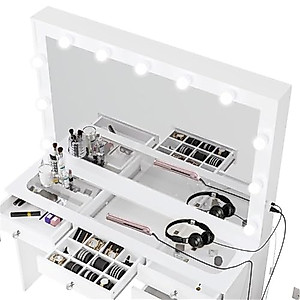 Boahaus Serena LARGE Makeup Vanity with Hollywood Lights Built-in, 7 Drawers, Hollywood Mirror, Hairdryer Hanger, Glass Top, Crystal Ball Knobs, White Vanity Makeup Desk for Bedroom, 58''Hx47''Wx17''D