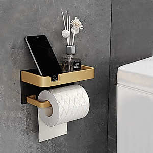 ROZZWILD Toilet Paper Holder with Shelf Adhesive Wall Mounted No Drill Aluminium Alloy Stainless & Rustproof Toilet Paper Roll Dispenser Bathroom Organizer Storage Rack Matte Black Gold