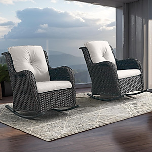 Rilyson Patio Chairs Outdoor Rocking Chair - 3 Piece Wicker Patio Bistro Set Rattan Patio Furniture Rocker Chairs and Side Table for Porch Deck Backyard Garden(Brown/Beige)