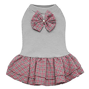 KYEESE Dog Dress Plaid with Bowknot Light Weight Pet Apparel for Small Dogs Cats Puppy Dog Outfits, Grey M
