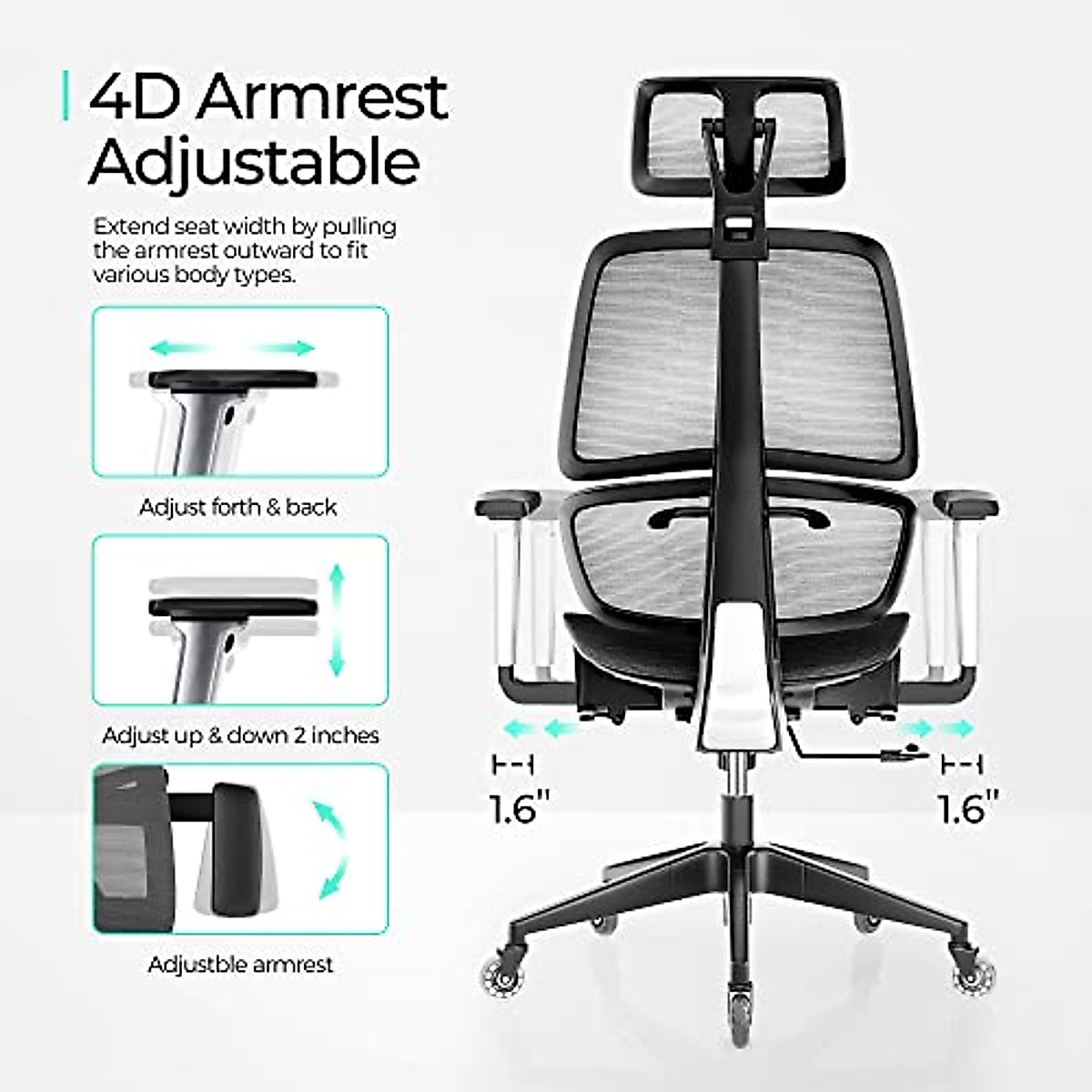 LINSY HOME High-Back Office Chair, Swivel Ergonomic Task Chair with Adjustable Headrest and Arms, Lumbar Support and PU Wheels, Computer Mesh Chair for Home Office, Dark Grey