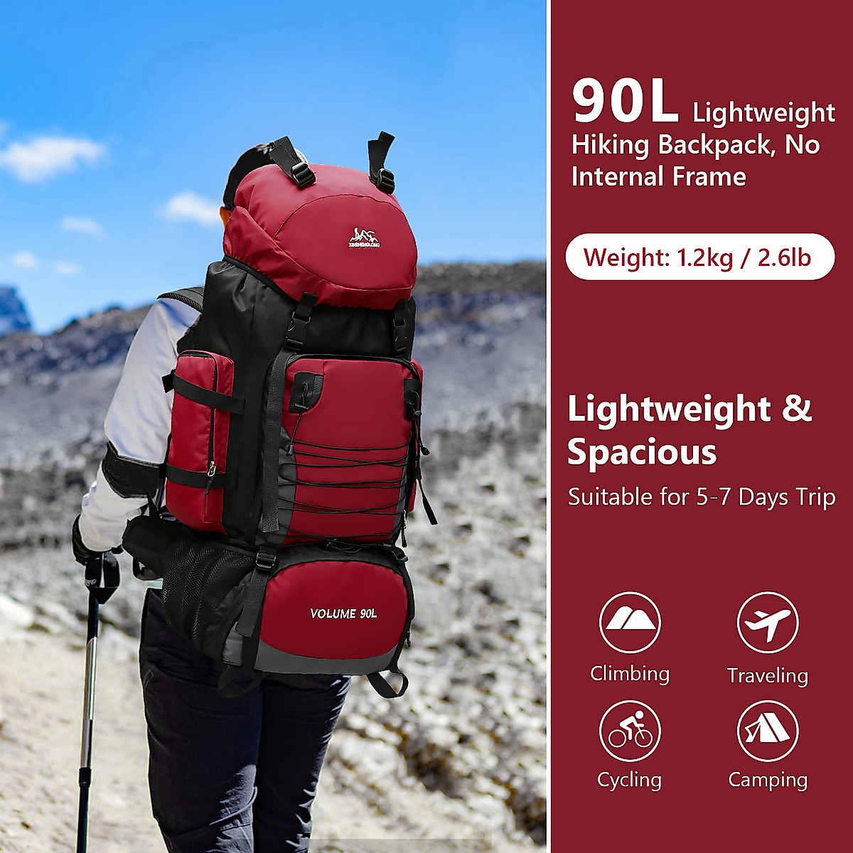 Unineovo 90L hiking backpack red